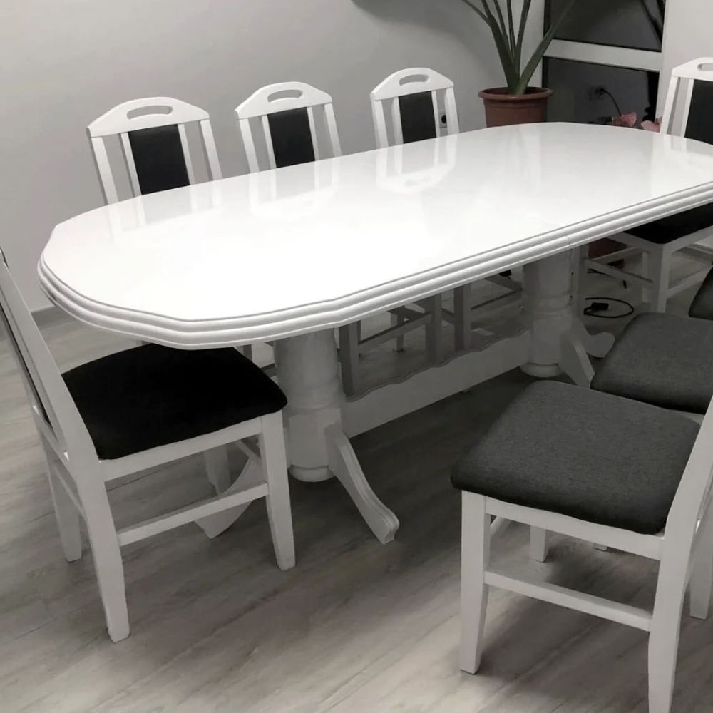 Masă bucătărie cu 8 scaune Vintage alb lucios