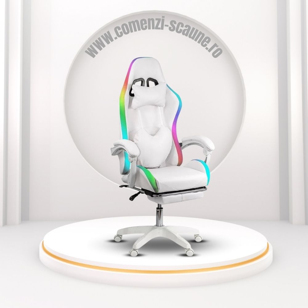 Scaun gaming cu iluminare RGB și suport pentru picioare OFF 298 alb